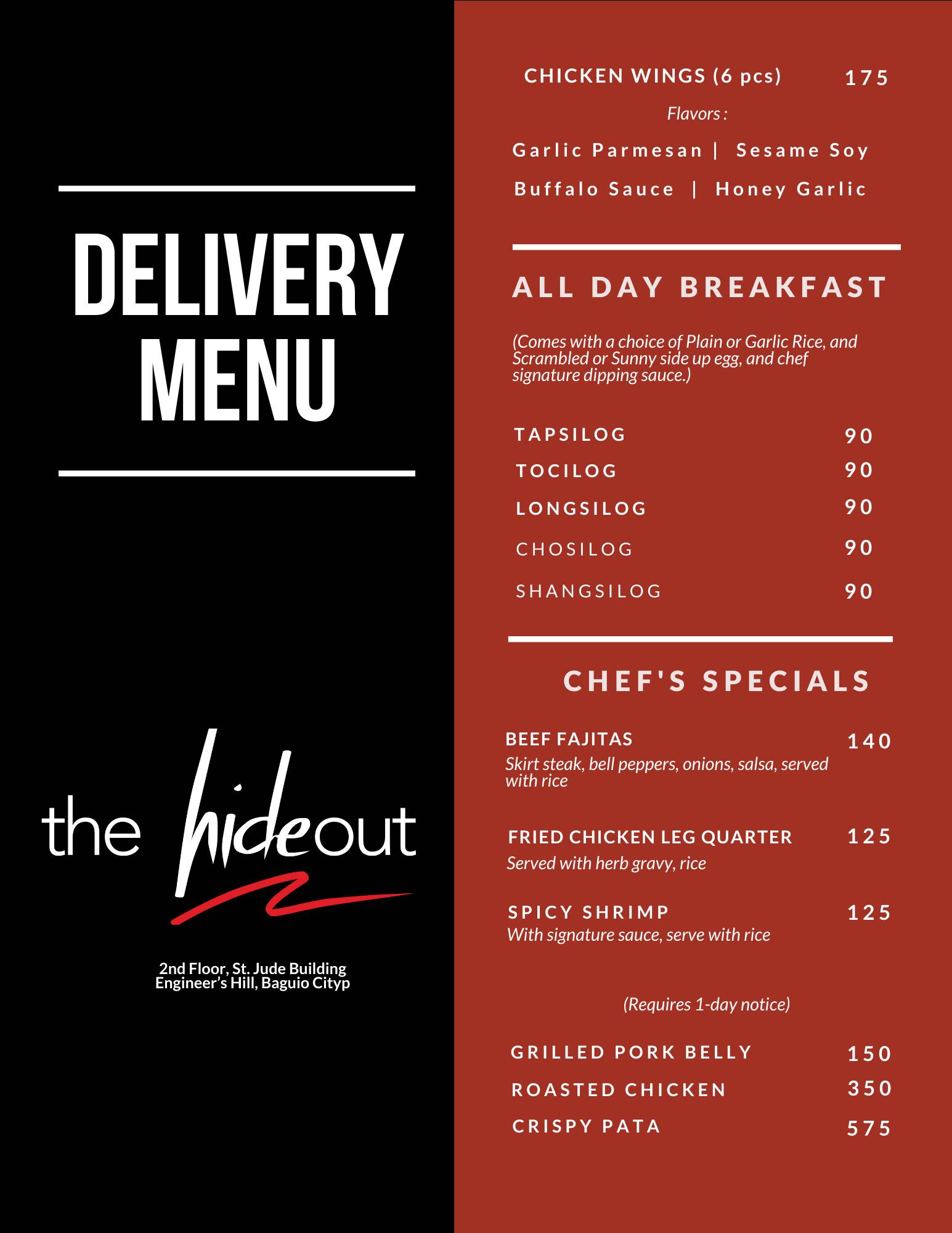 Menu at The HideOut at Engineer’s Hill restaurant, Baguio