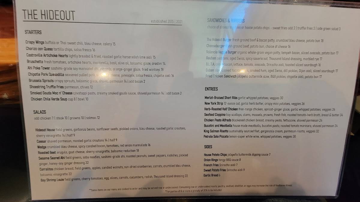Menu at The Hideout pub & bar, Aptos