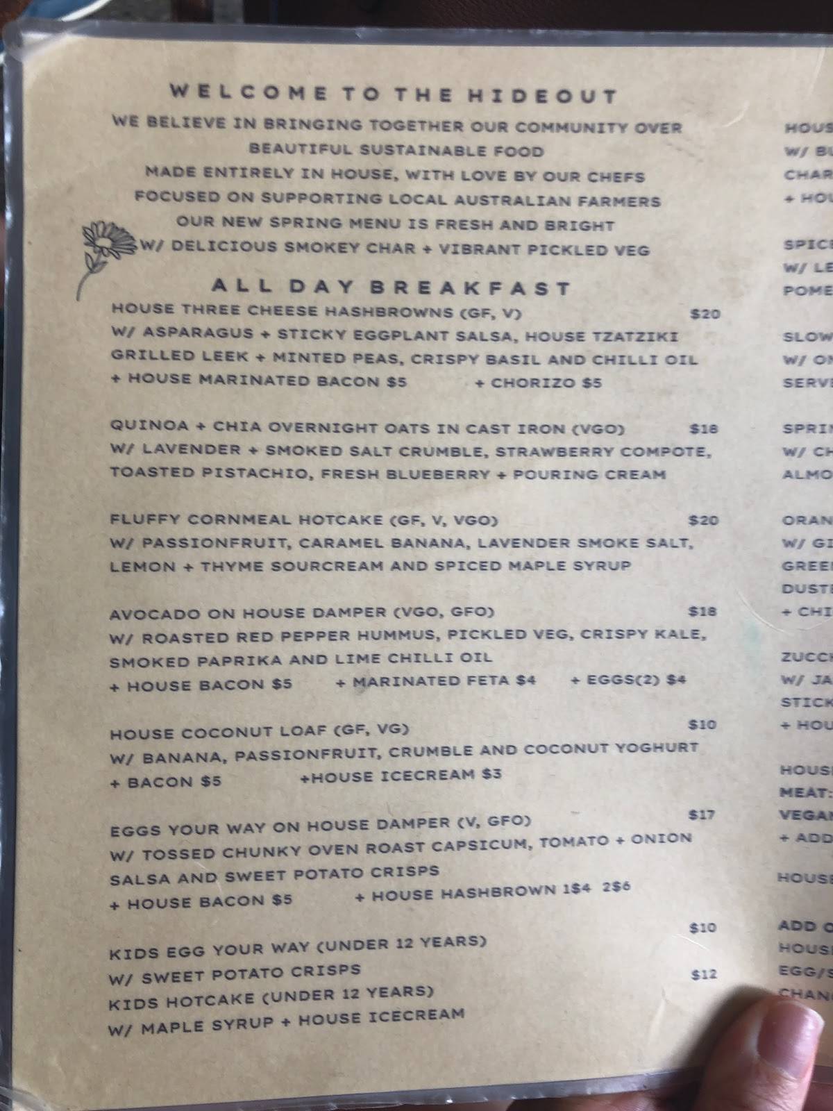 Menu at The Hideout Coffee House, Narangba