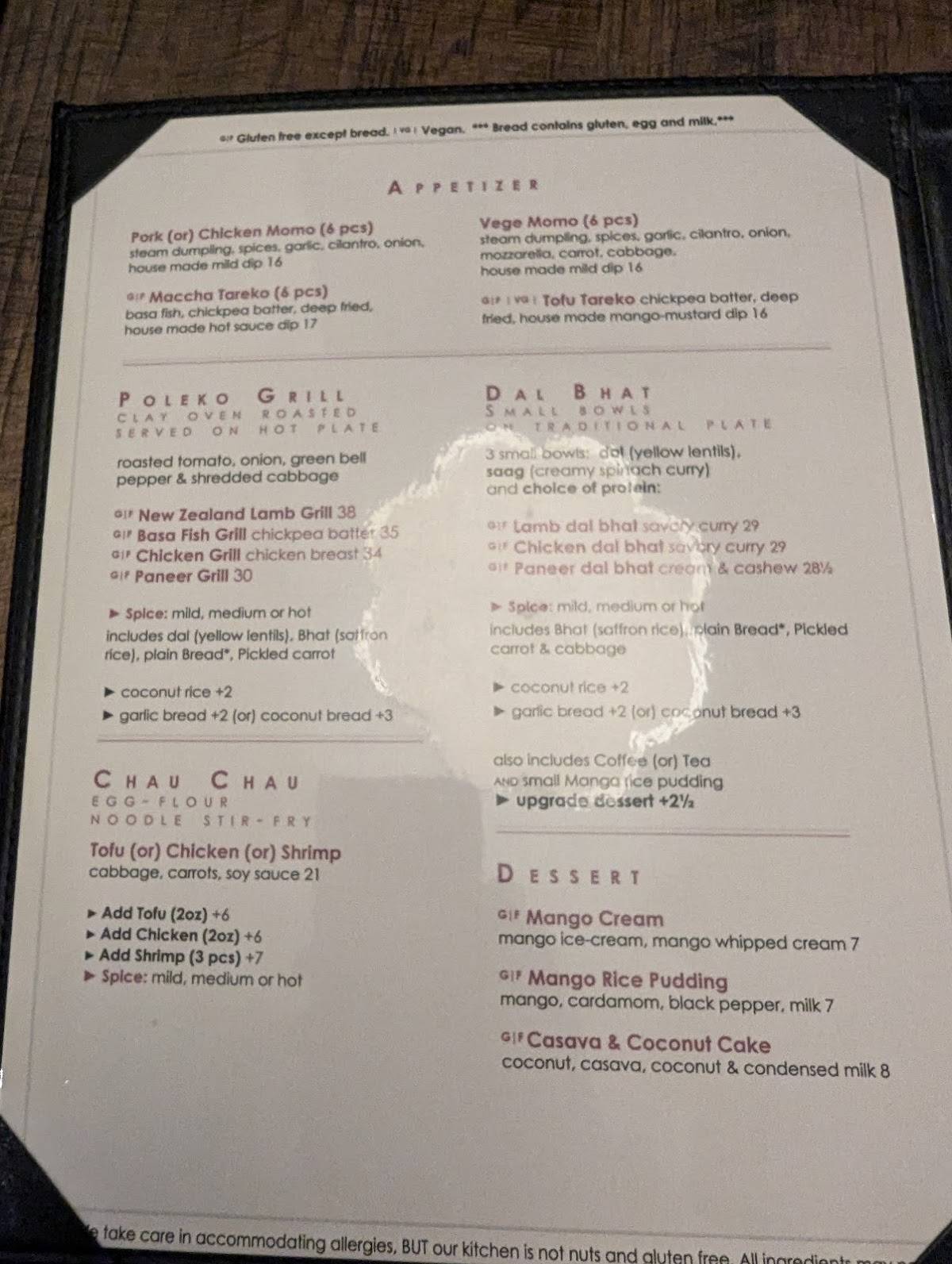 Menu at The Himalayan restaurant, Calgary