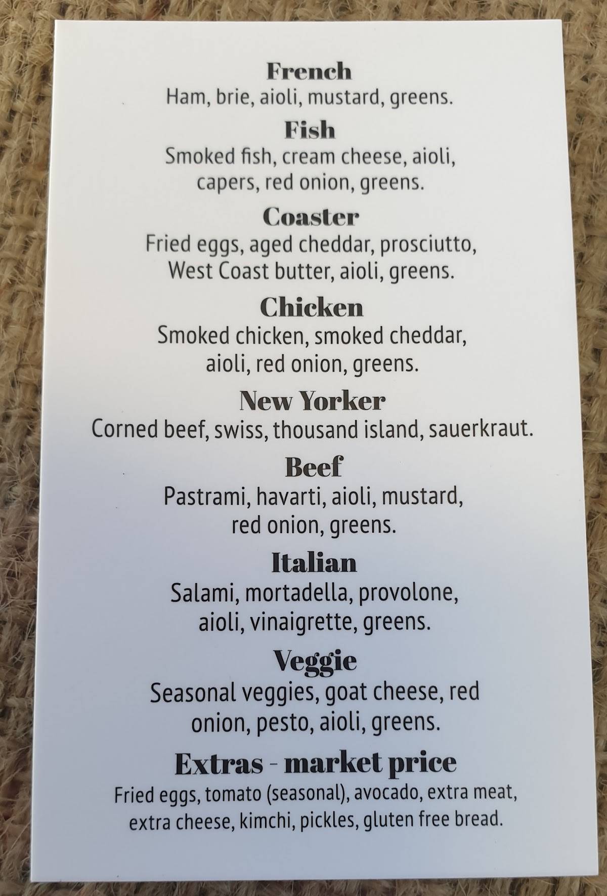 Menu at The Hokitika Sandwich Company - Christchurch, Christchurch