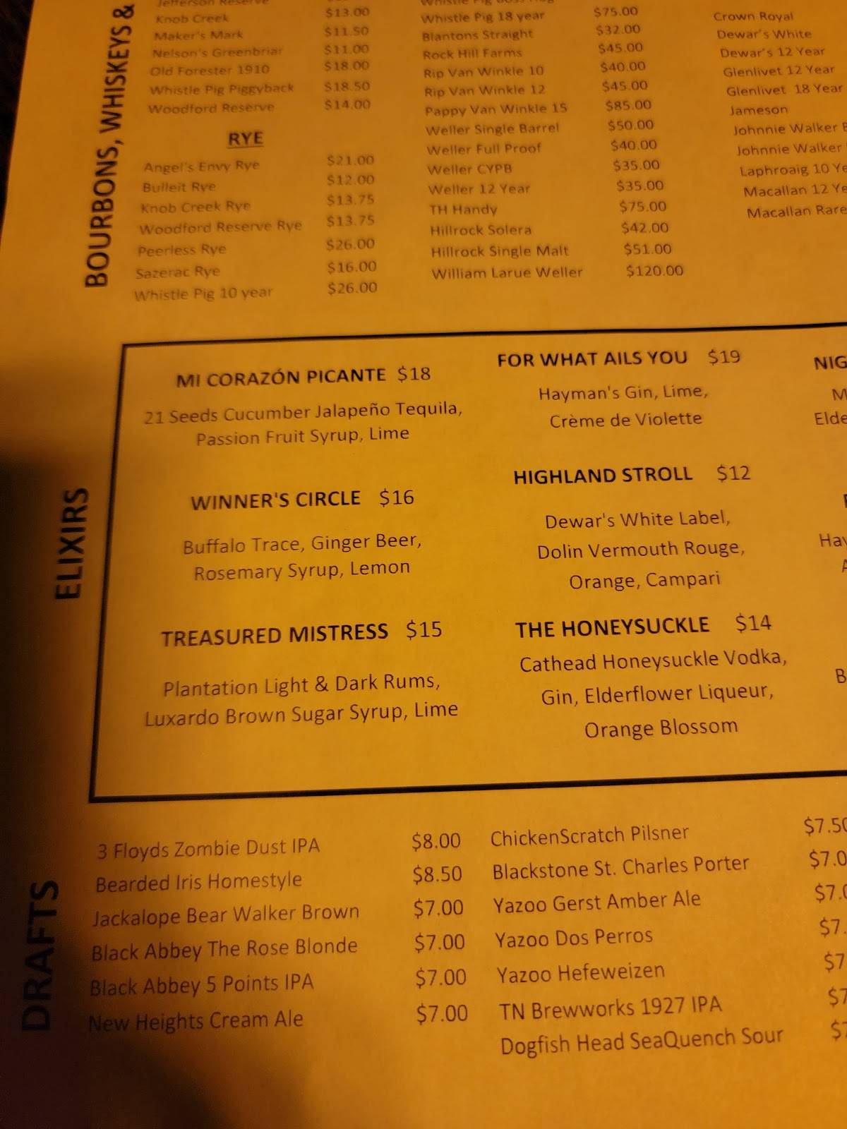 Menu at The Honeysuckle pub & bar, Franklin, Galleria Blvd