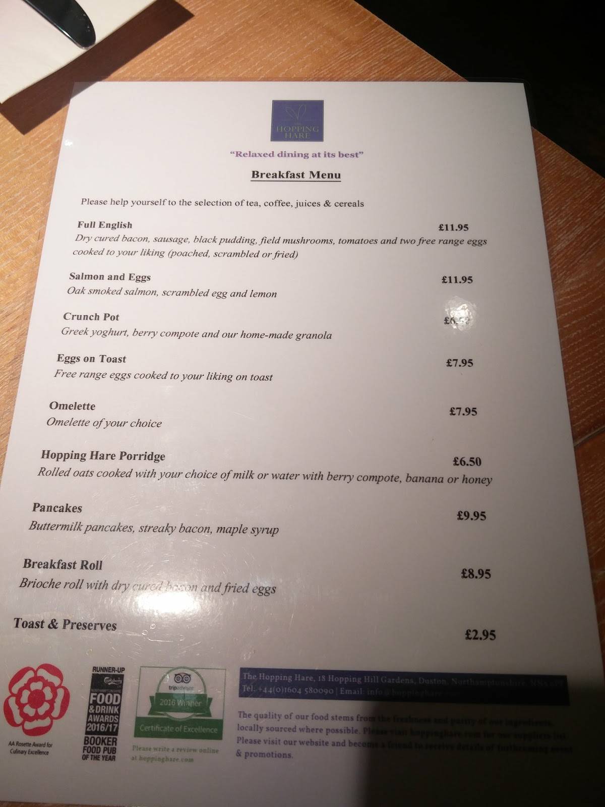 Menu at The Hopping Hare restaurant, Northampton