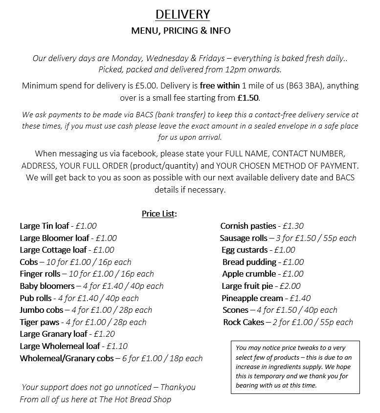 Menu at The Hot Bread Shop, Halesowen