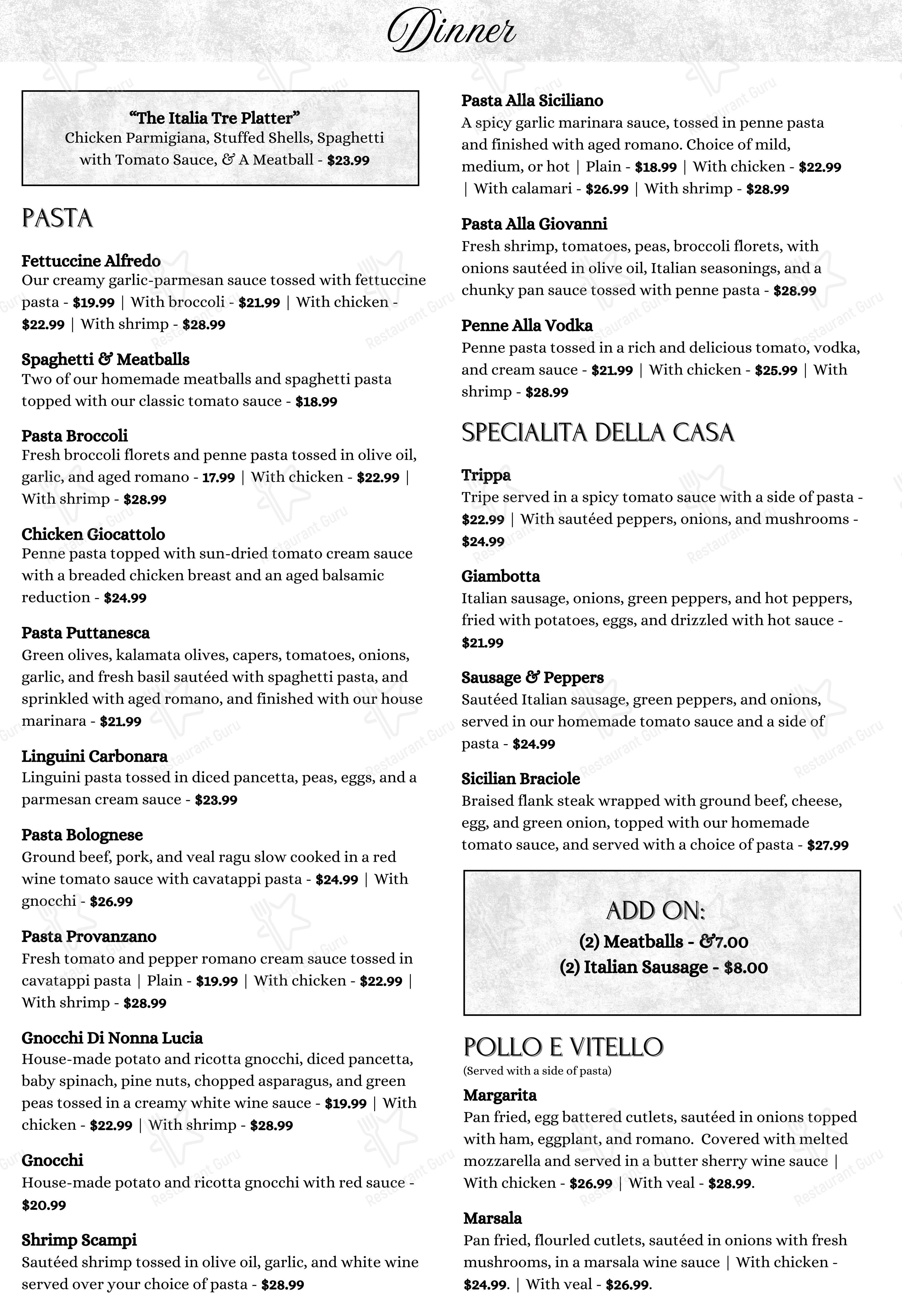 Menu at The Italian Village restaurant, Depew