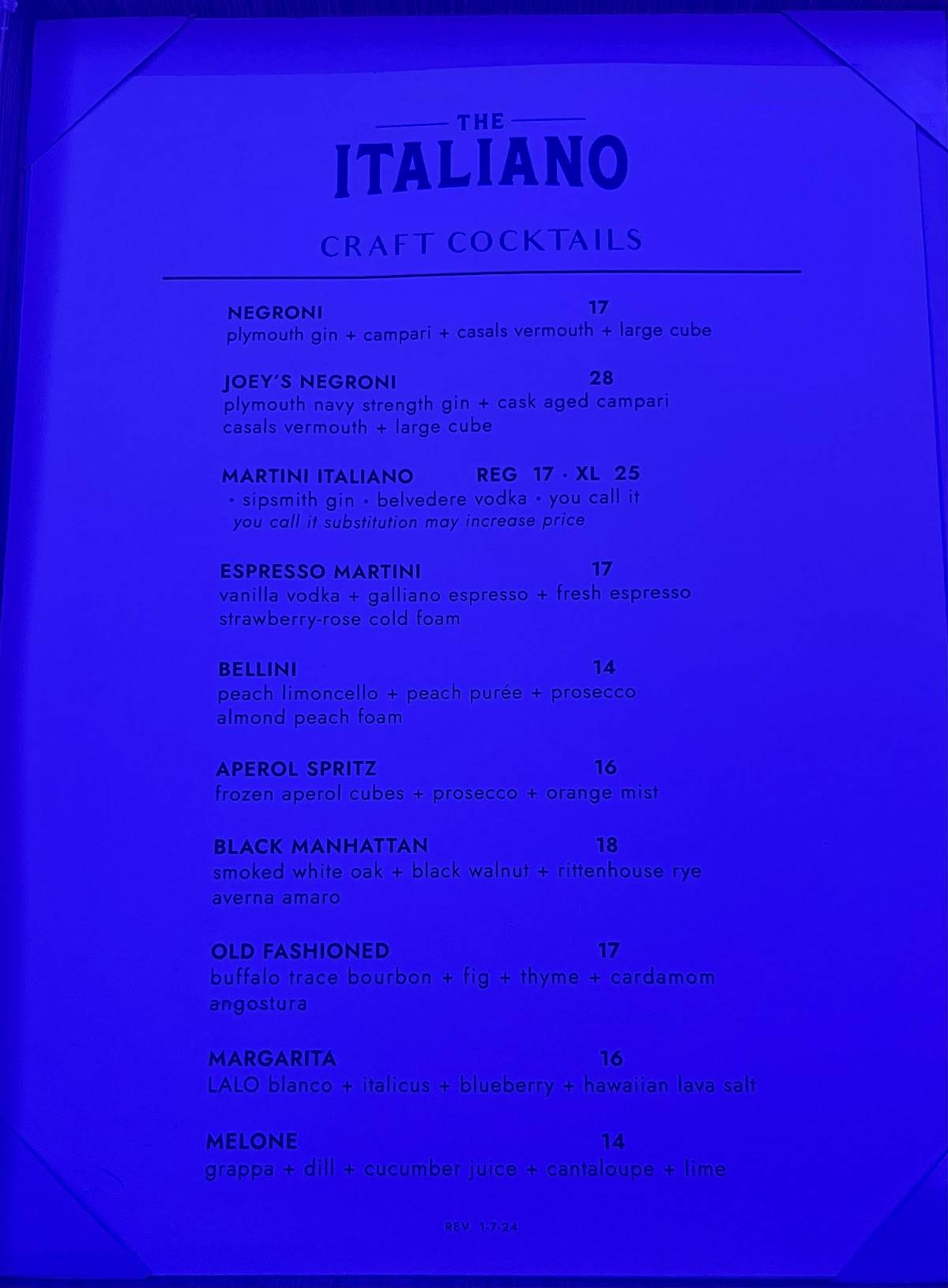 Menu at The Italiano restaurant, Scottsdale