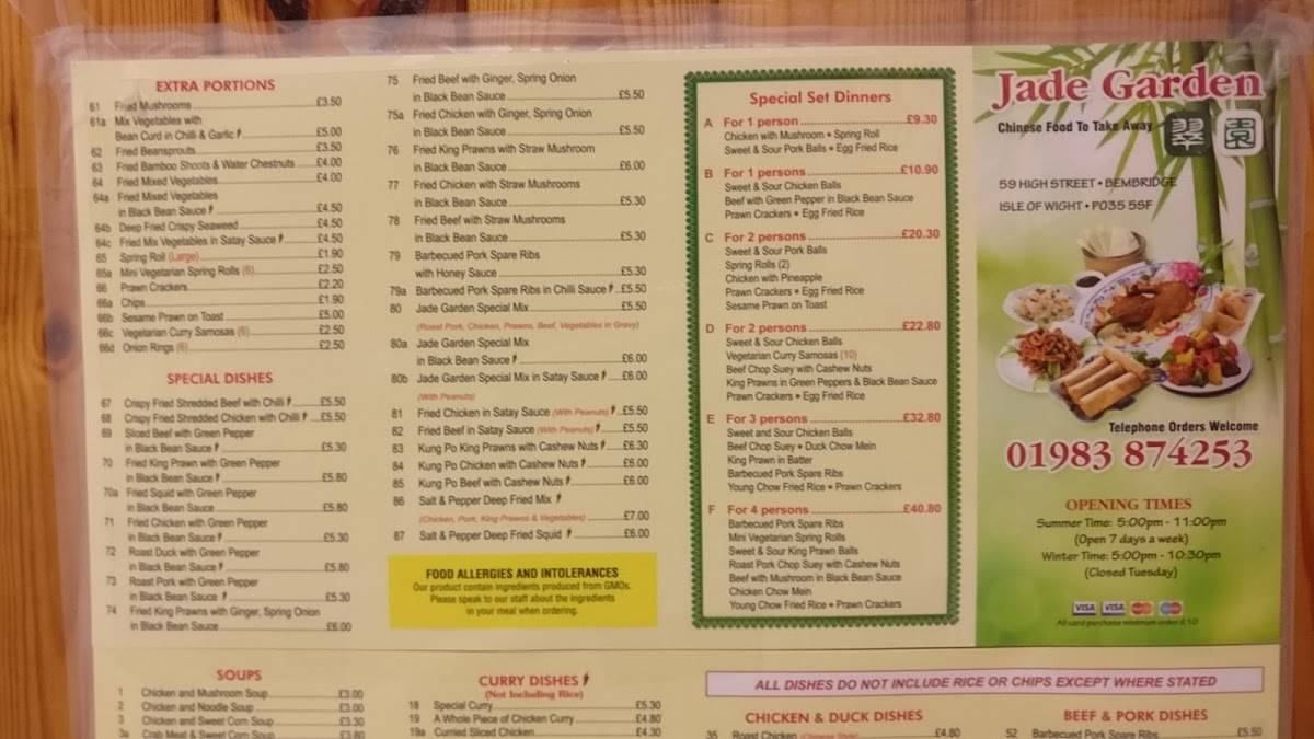 Menu at The Jade Garden fast food, Bembridge