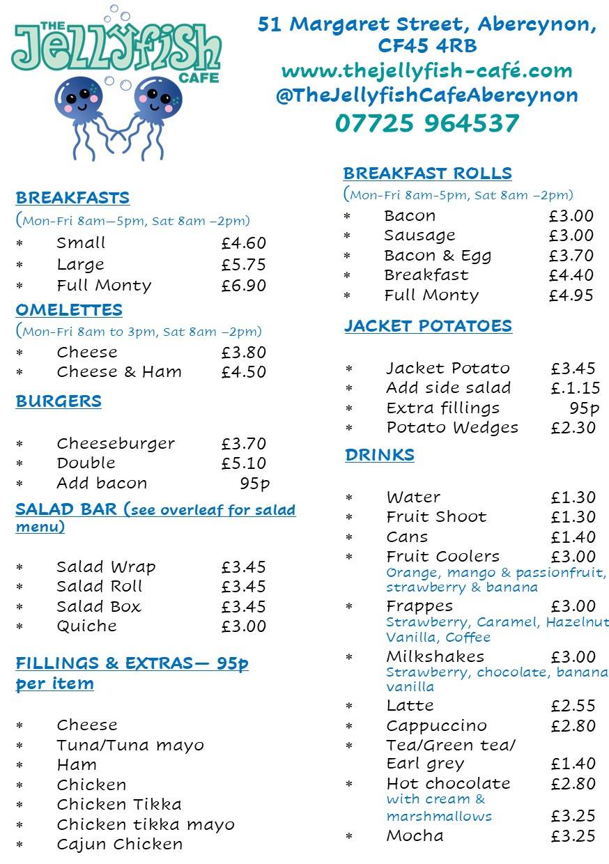 Menu at The Jellyfish Cafe, Abercynon