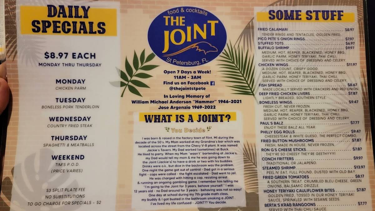 Menu at The Joint St. Pete pub & bar, Saint Petersburg
