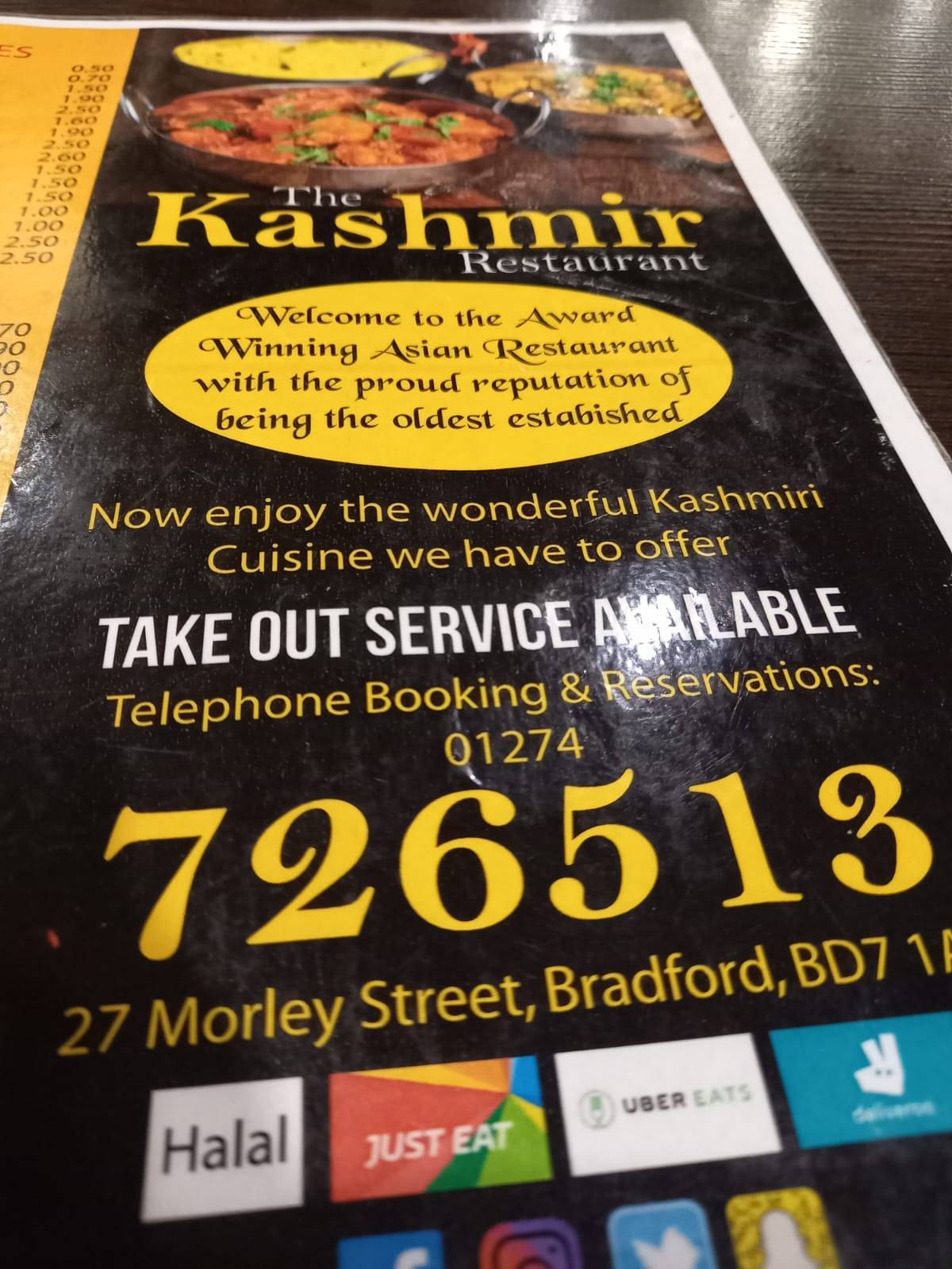 Menu at The Kashmir Restaurant, Bradford