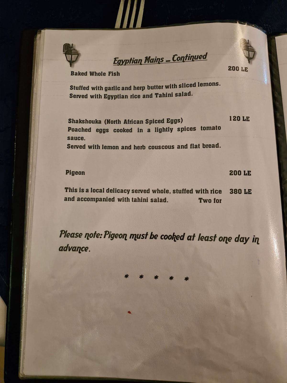 Menu at The Lantern Room Restaurant, Luxor