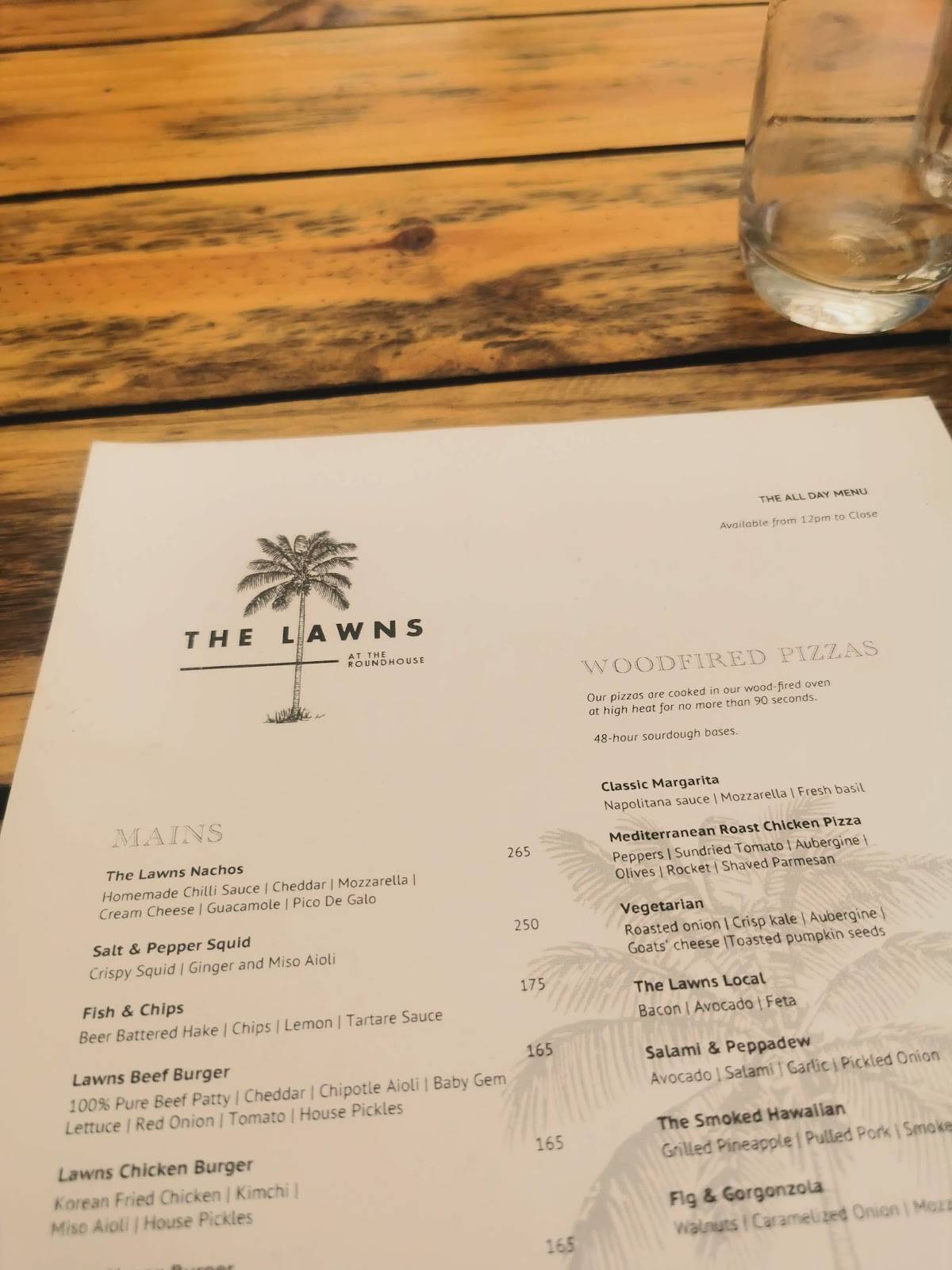 Menu at The Lawns at the Roundhouse restaurant, Cape Town