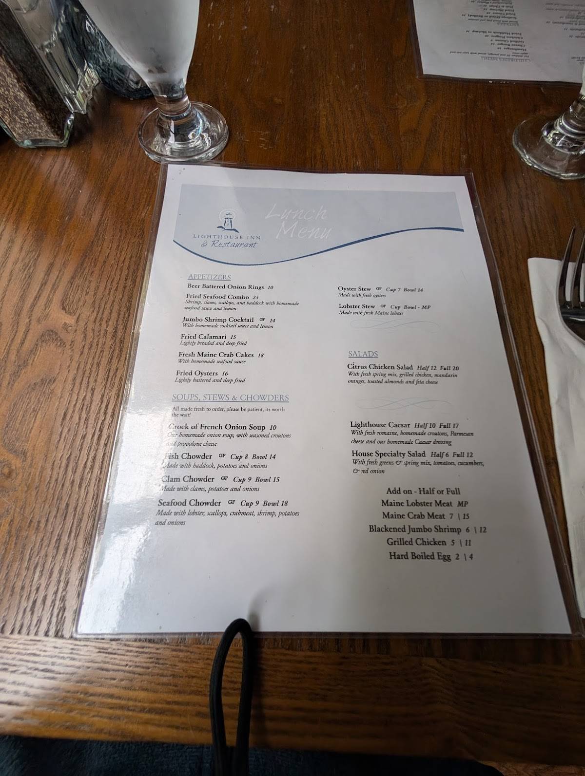 Menu at The Lighthouse Restaurant, Mount Desert, 12 Main St