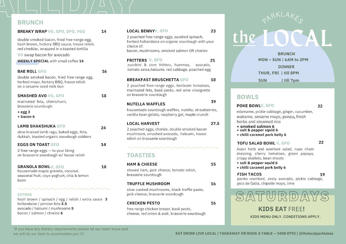 Menu at The Local Parklakes (Formerly Park and Co) restaurant, Bli Bli