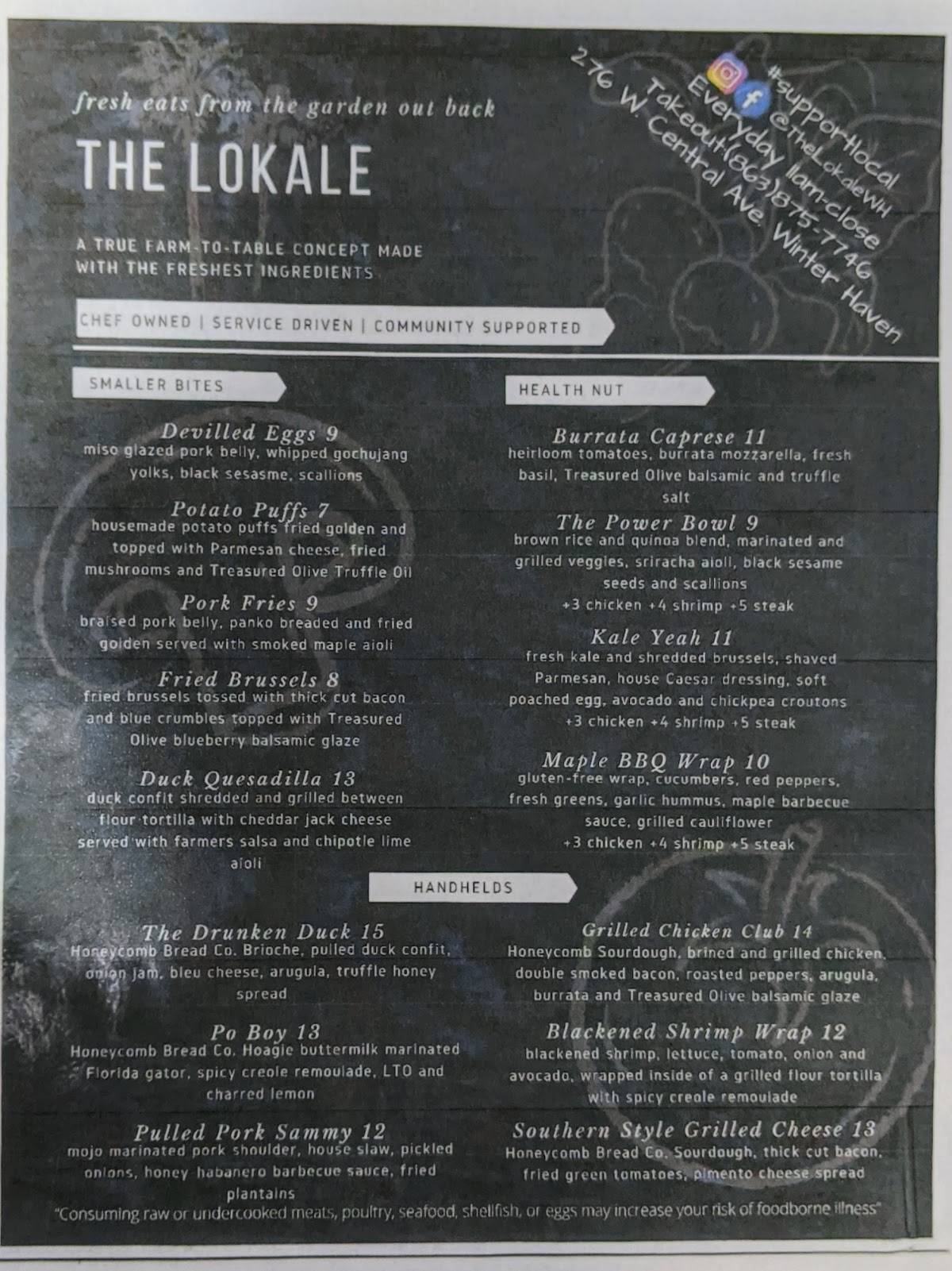 Menu at The Lokale Eatery restaurant, Winter Haven