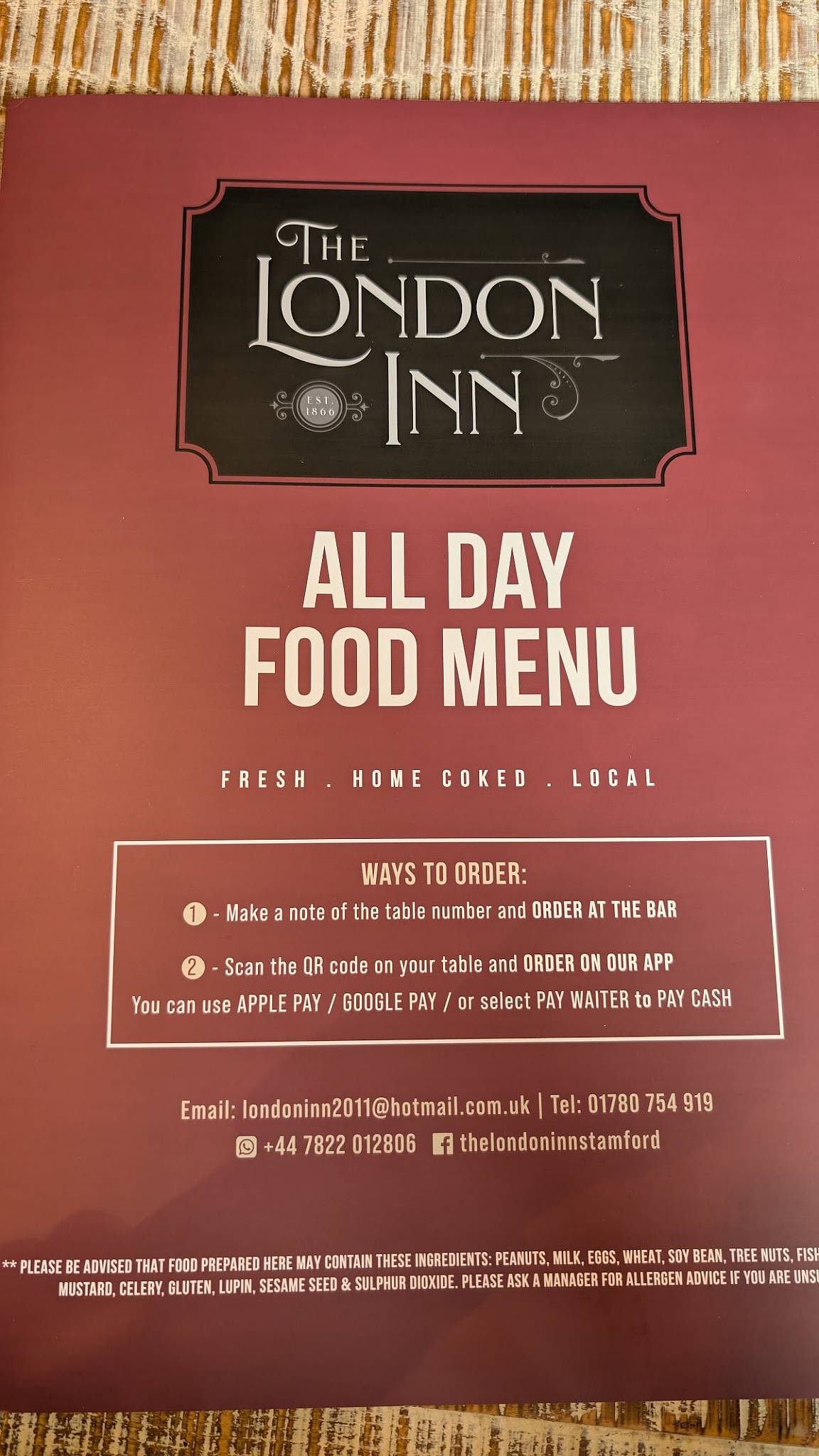 Menu at The London Inn pub & bar, Stamford