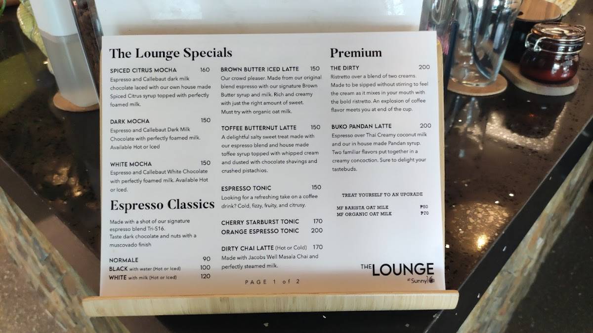 Menu at The Lounge at Sunny16 cafe, Quezon City