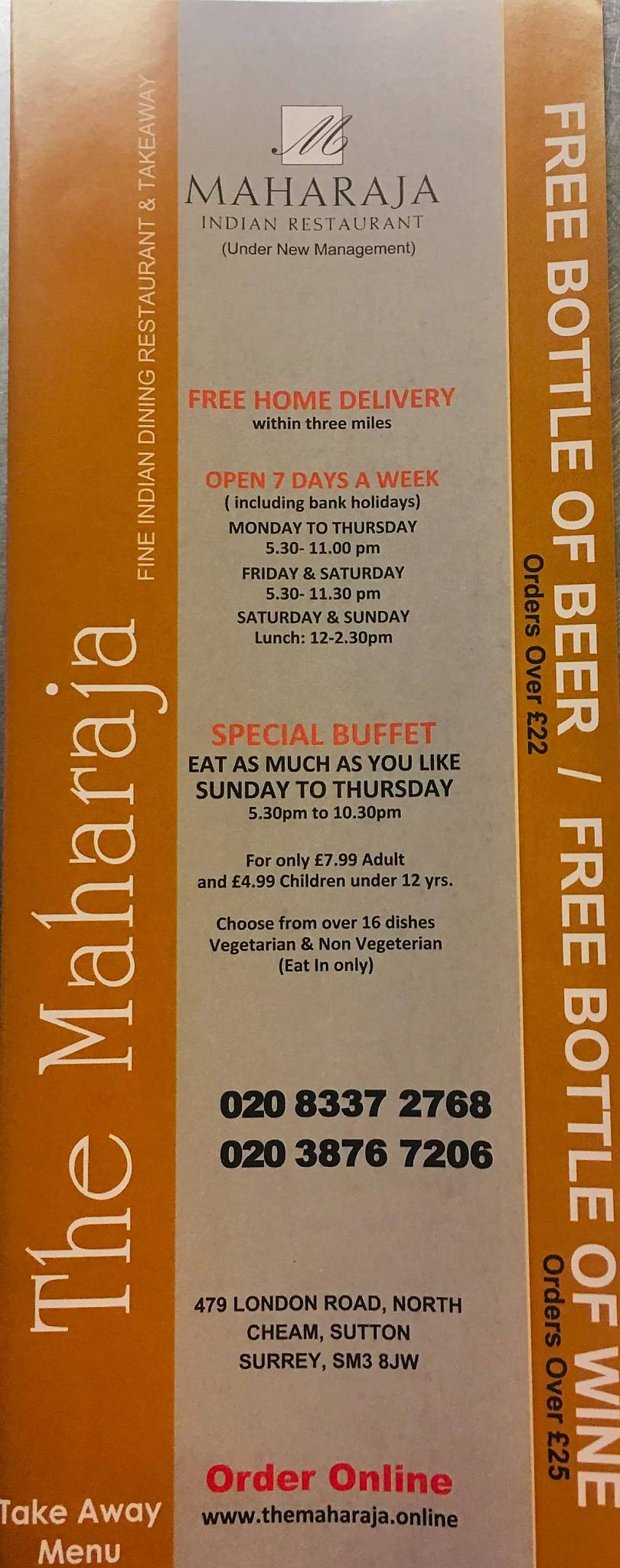 Menu at The MAHARAJA restaurant, Sutton, 481 London Rd