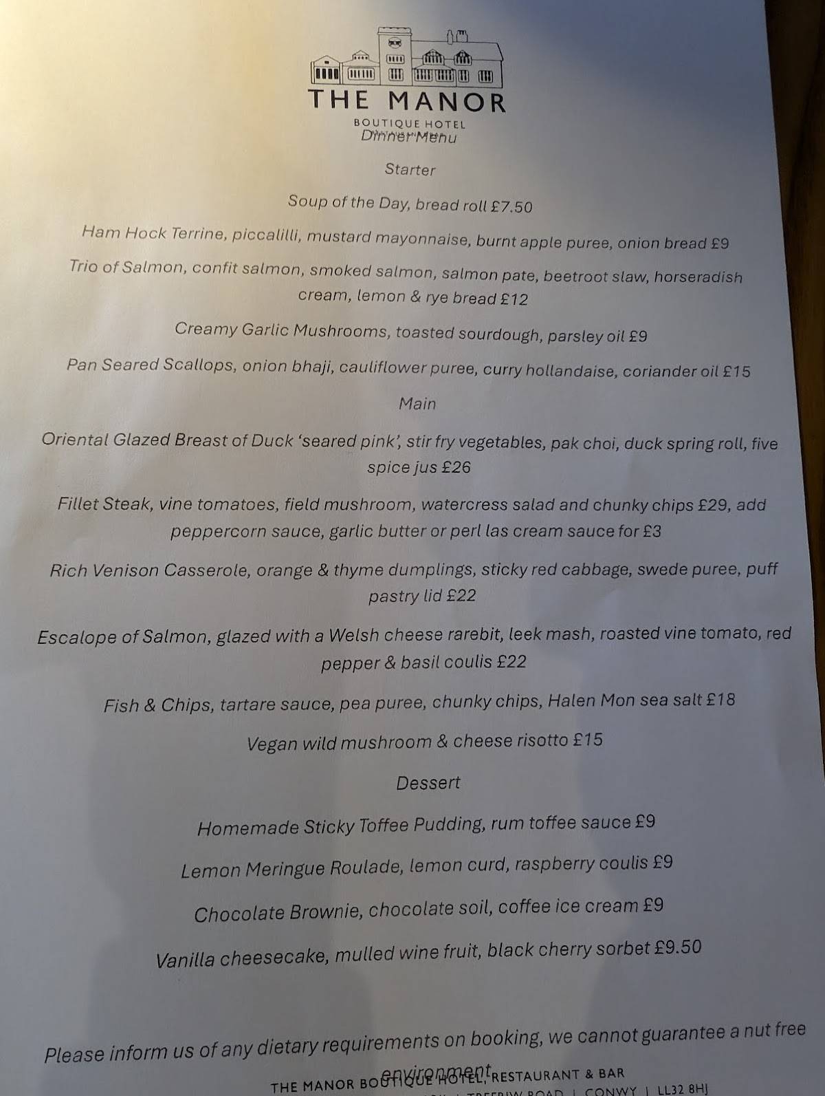 Menu at The Manor restaurant, Conwy