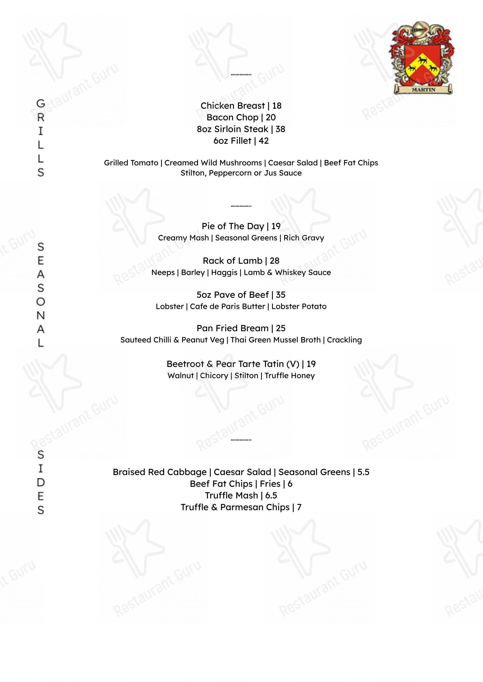 Menu at The Martins Arms pub & bar, Colston Bassett