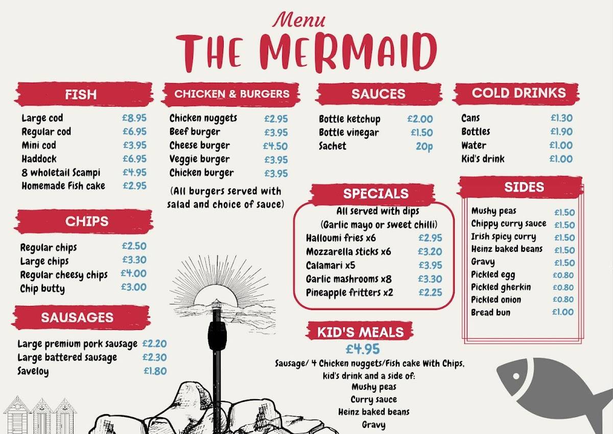 Menu at The Mermaid Takeaway fast food, Bude