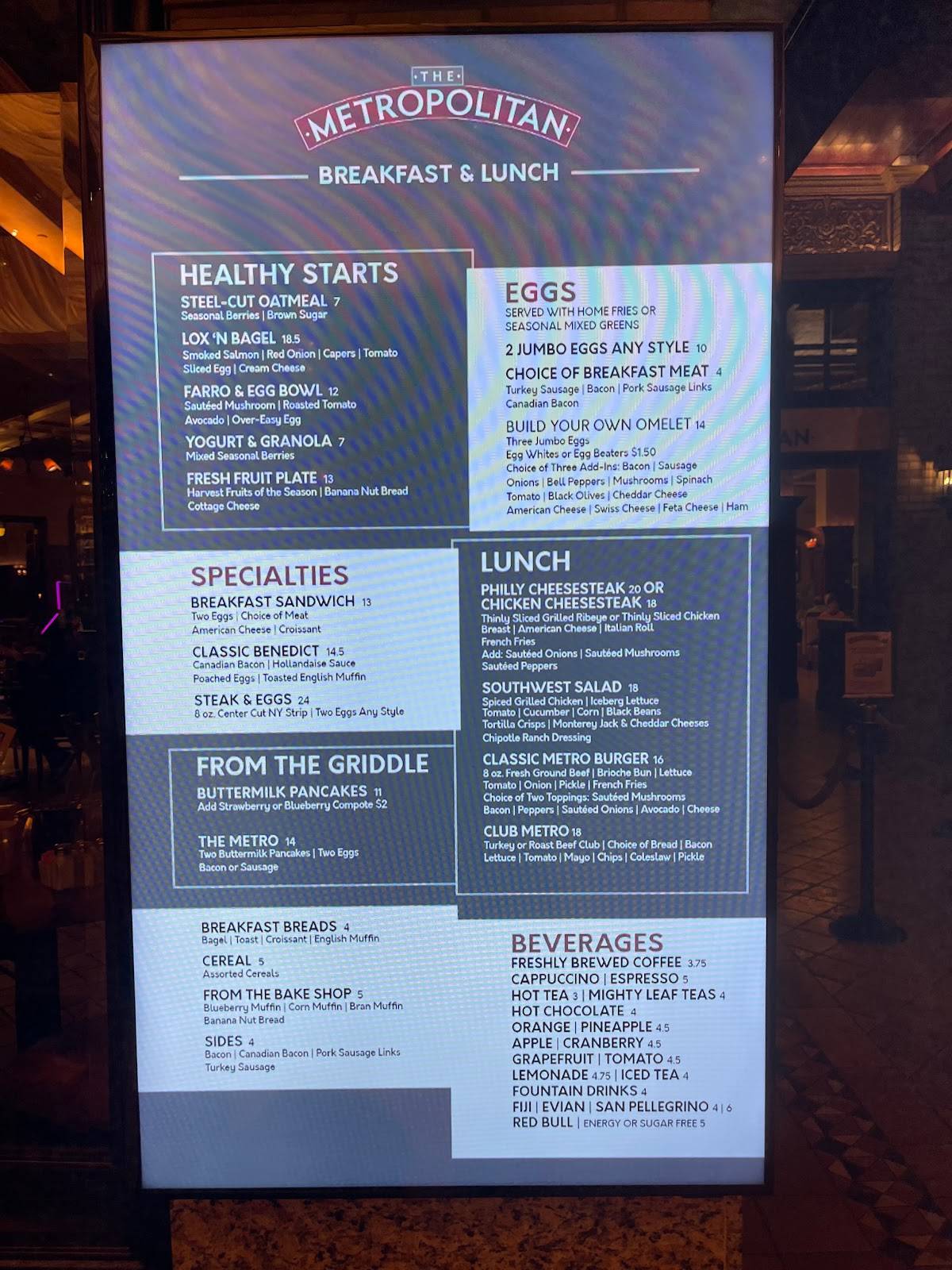 Menu at The Metropolitan restaurant, Atlantic City, Borgata Hotel