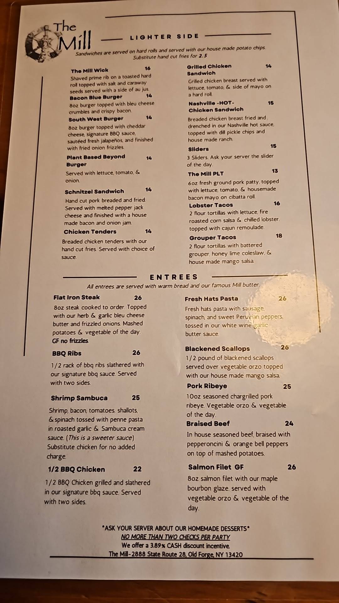 Menu at The Mill restaurant, Old Forge