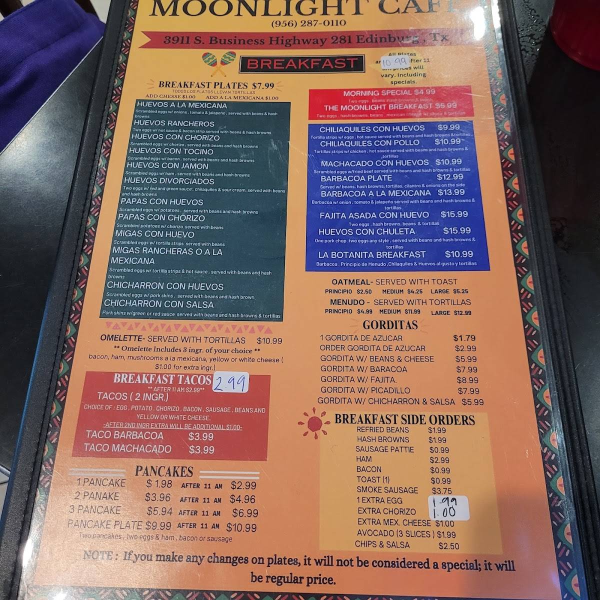 Menu at The Moonlight Cafe, Edinburg, S Business