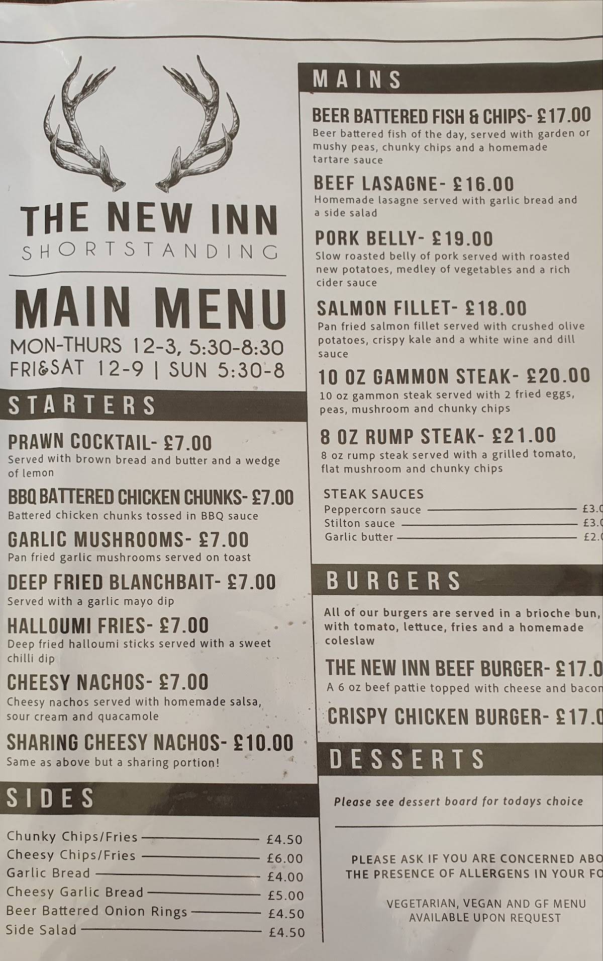 Menu at The New Inn - Shortstanding pub & bar, Coleford, Ross Rd