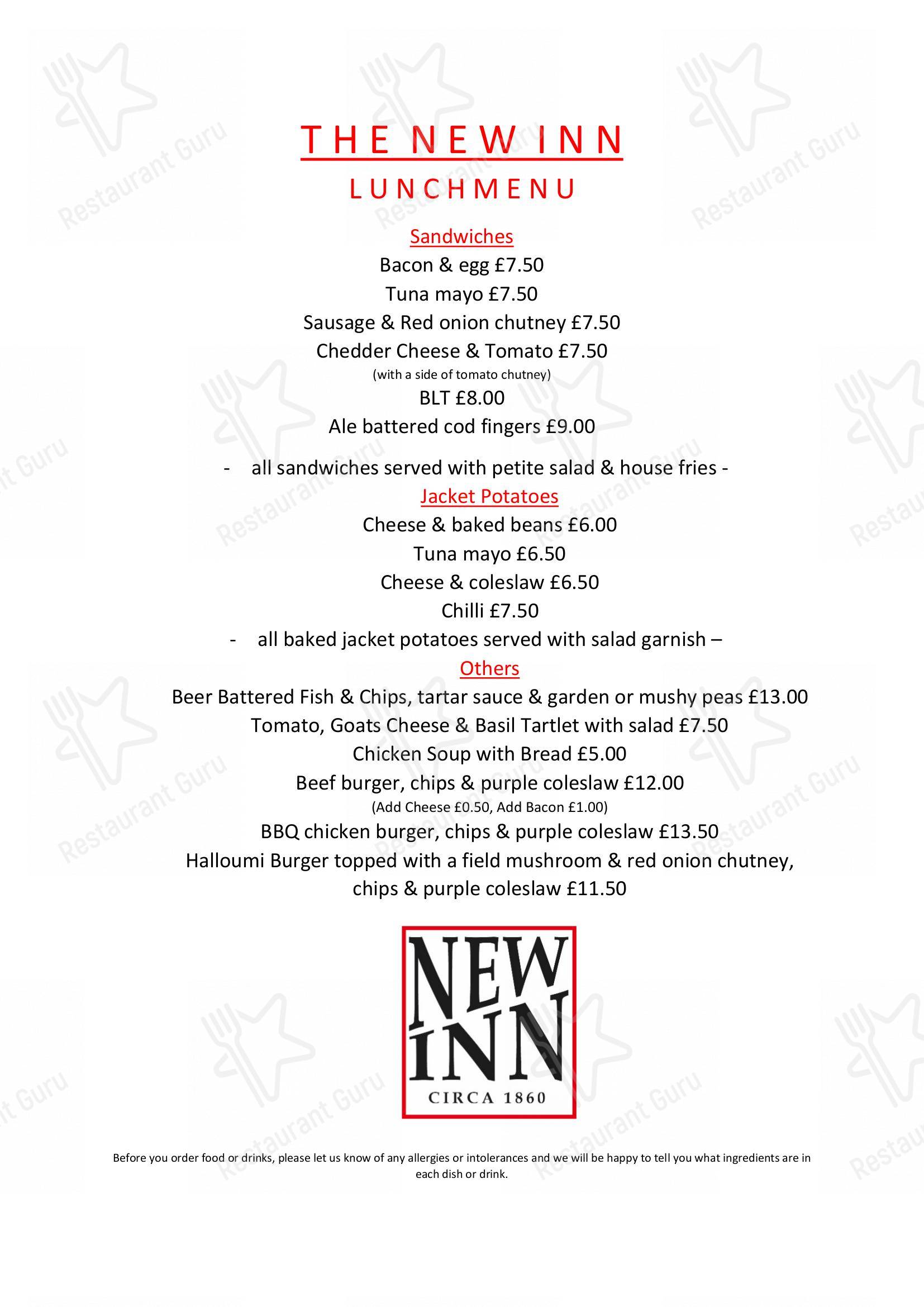 Menu at The New Inn pub & bar, Royal Leamington Spa