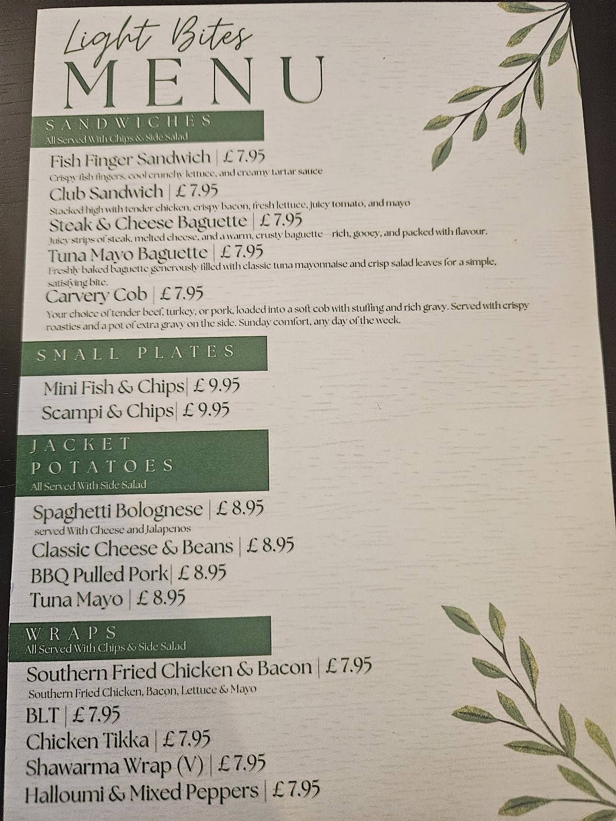 Menu at The New Wellington restaurant, Brierley Hill