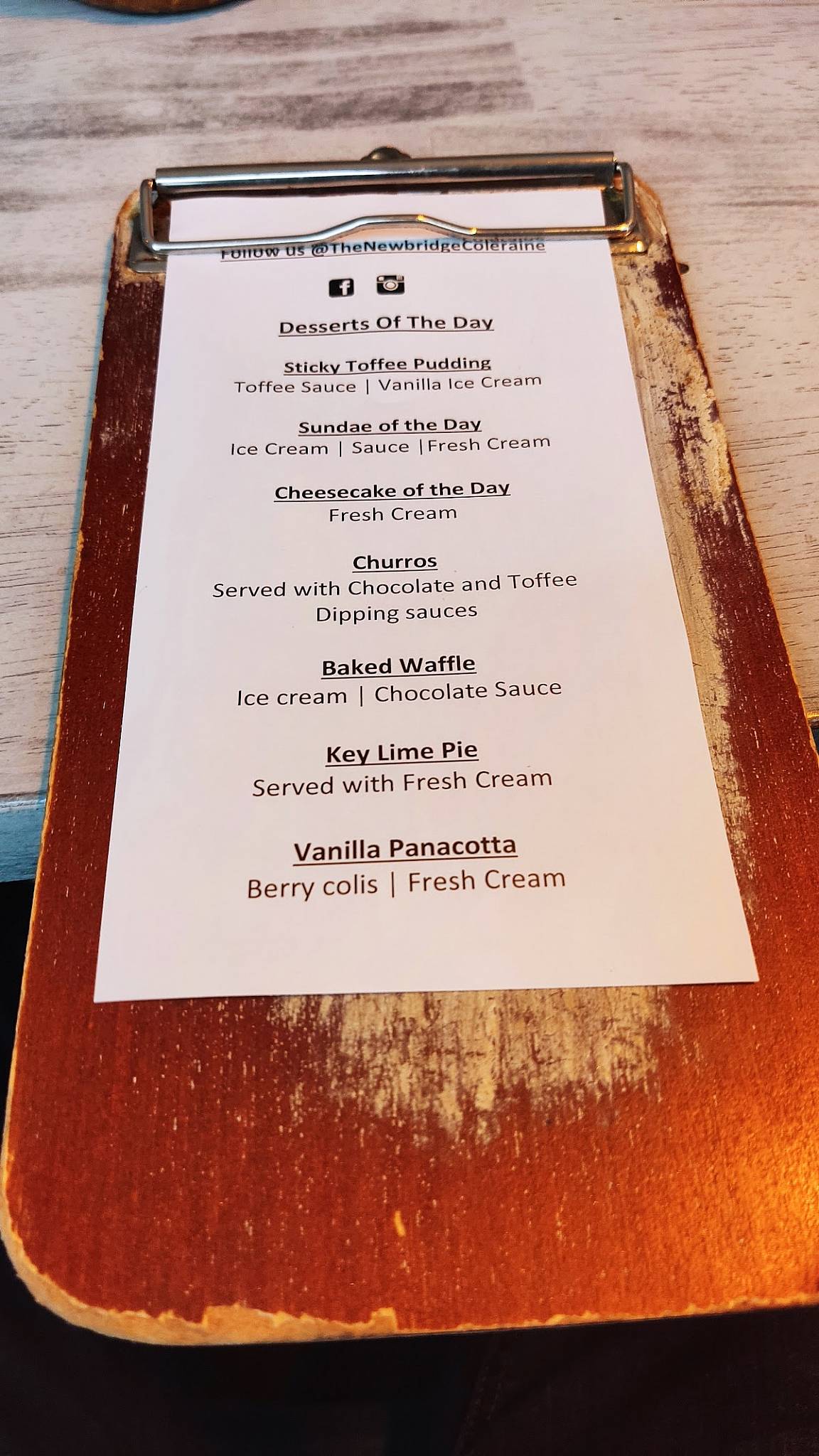 Menu at The Newbridge Restaurant, Coleraine
