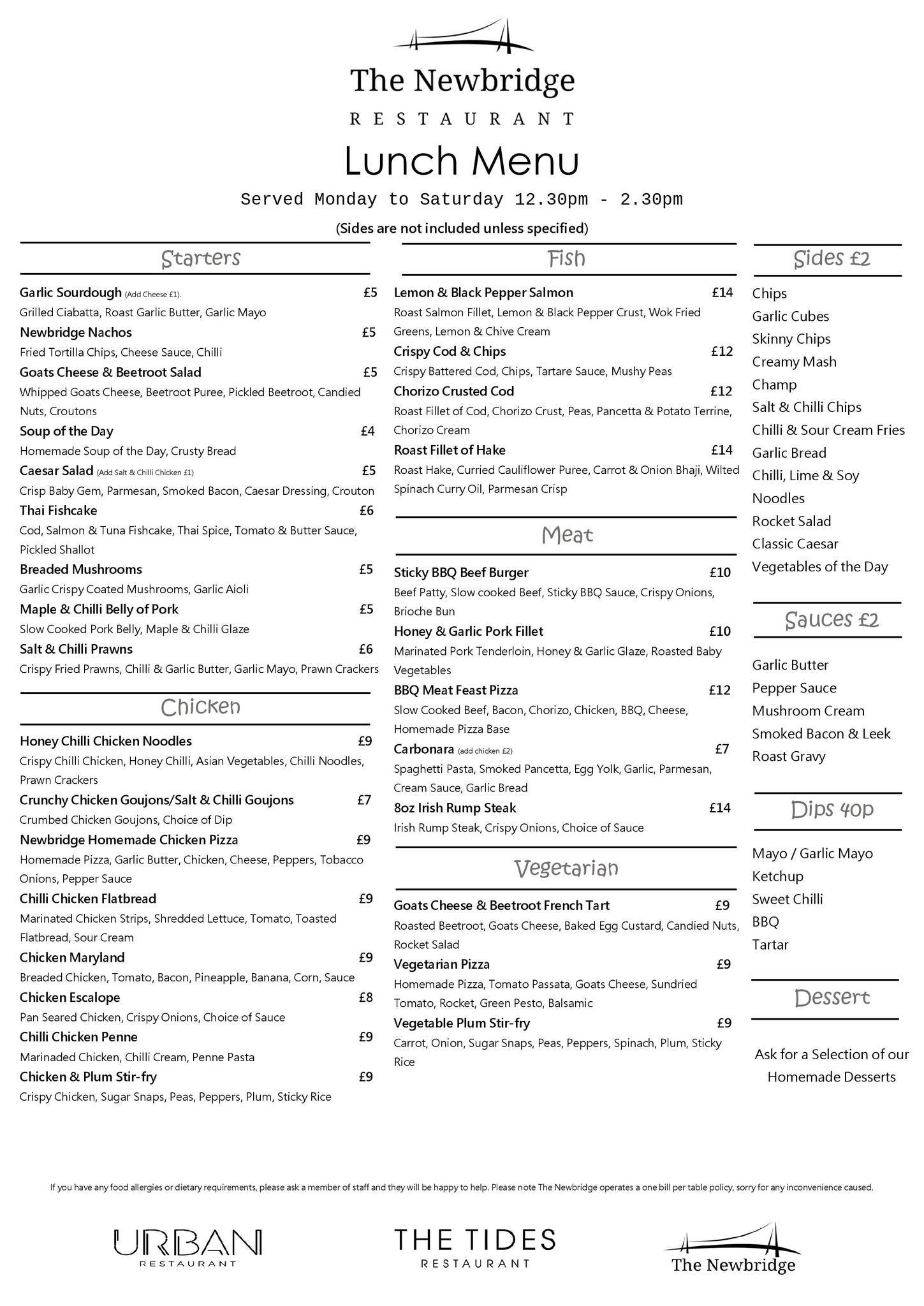 Menu at The Newbridge Restaurant, Coleraine