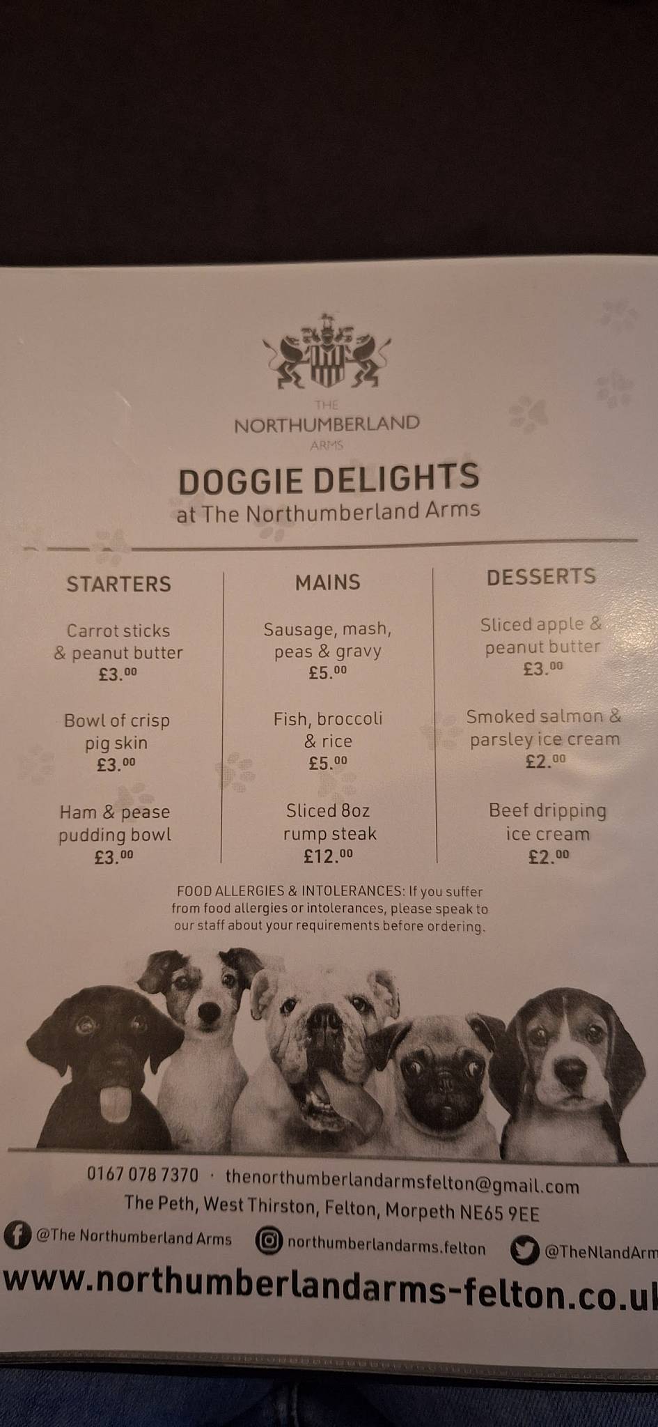 Menu at The Northumberland Arms pub & bar, Felton