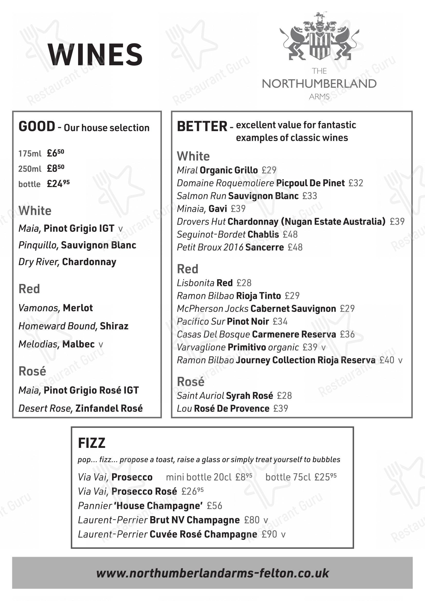 Menu at The Northumberland Arms pub & bar, Felton
