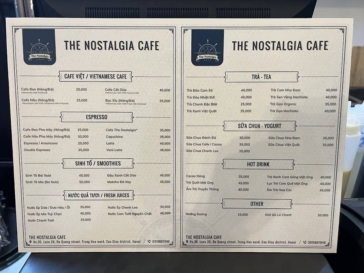 Menu at The Nostalgia Cafe, Hanoi