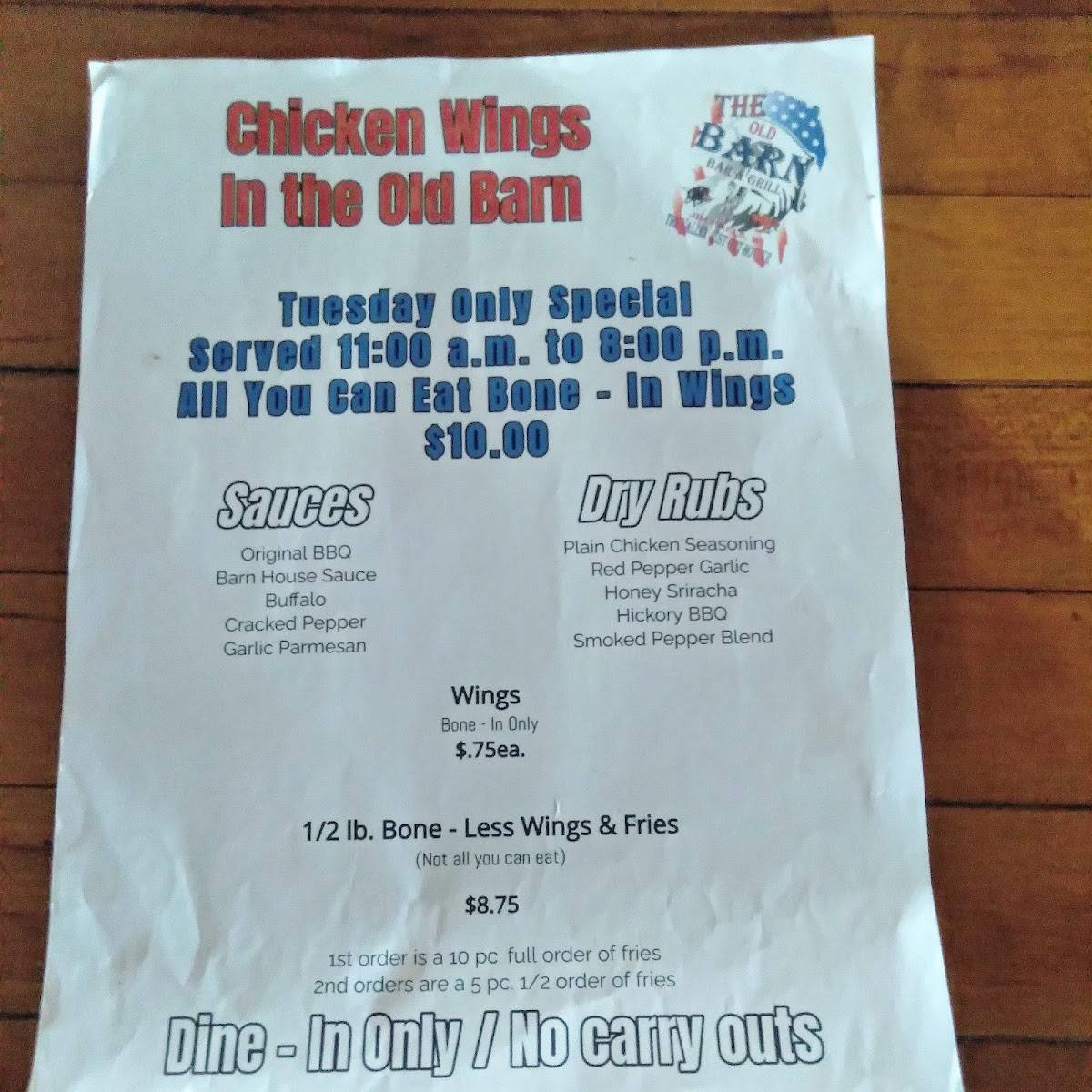 Menu at The Old Barn Bar & Grill, Jim Falls, 150th Ave