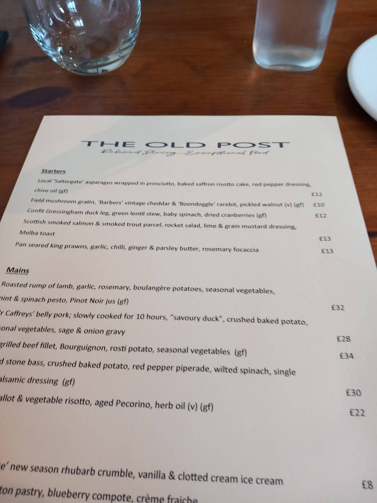 Menu at The Old Post restaurant, Chesterfield