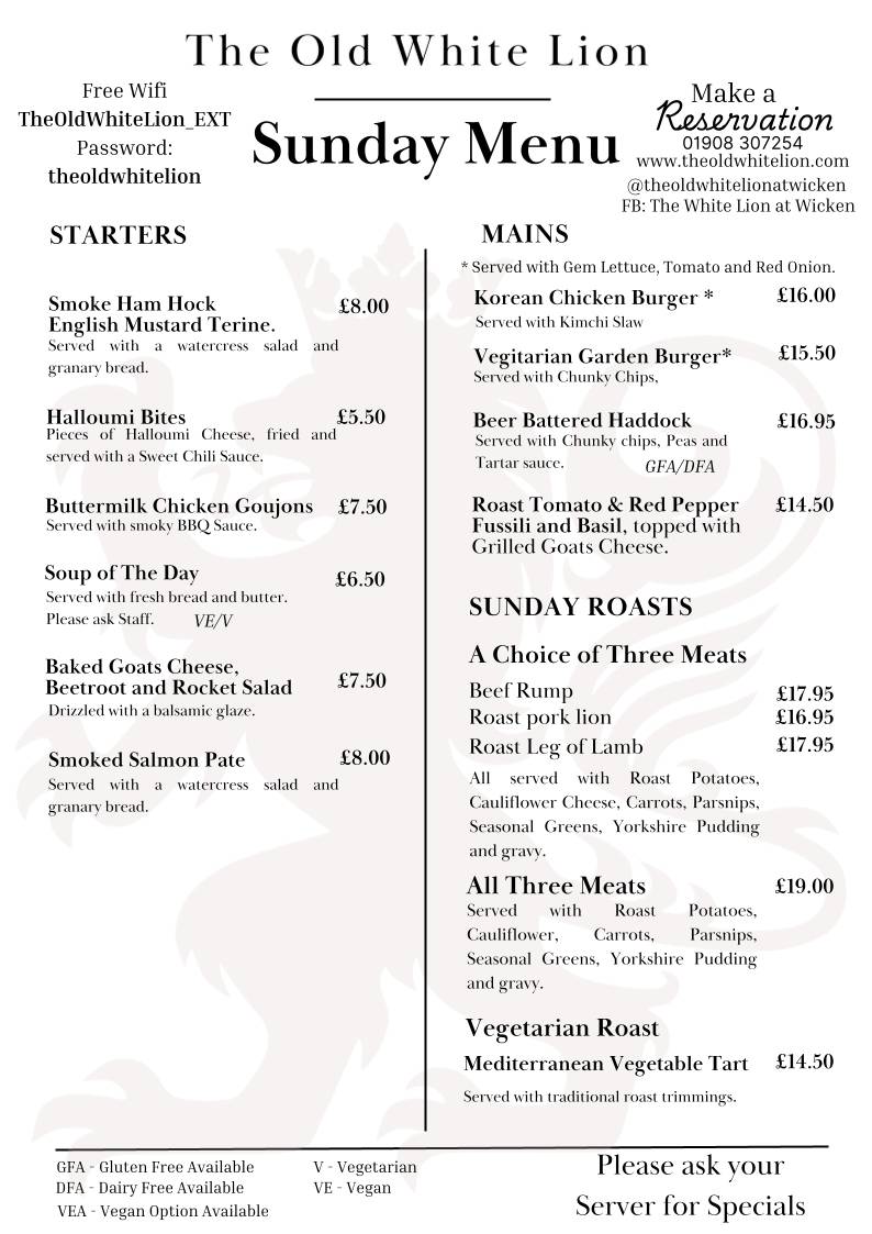 Menu at The Old White Lion at Wicken pub & bar, Wicken