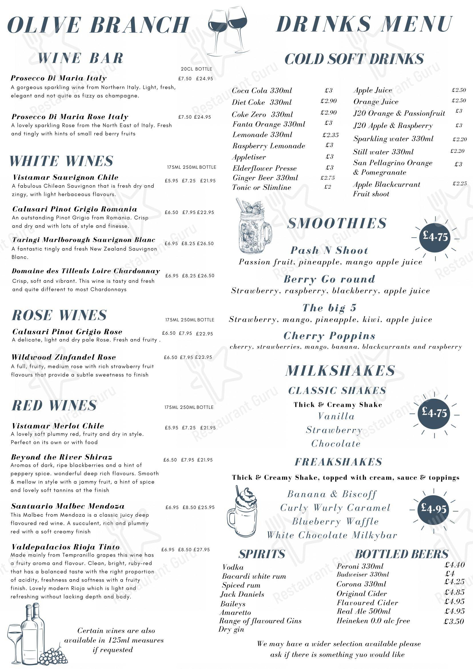 Carta del café The Olive Branch, Easingwold