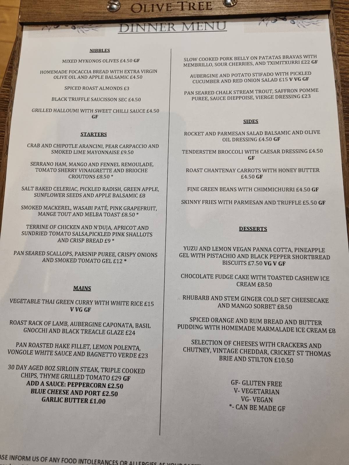 Menu at The Olive Tree Restaurant, Wells