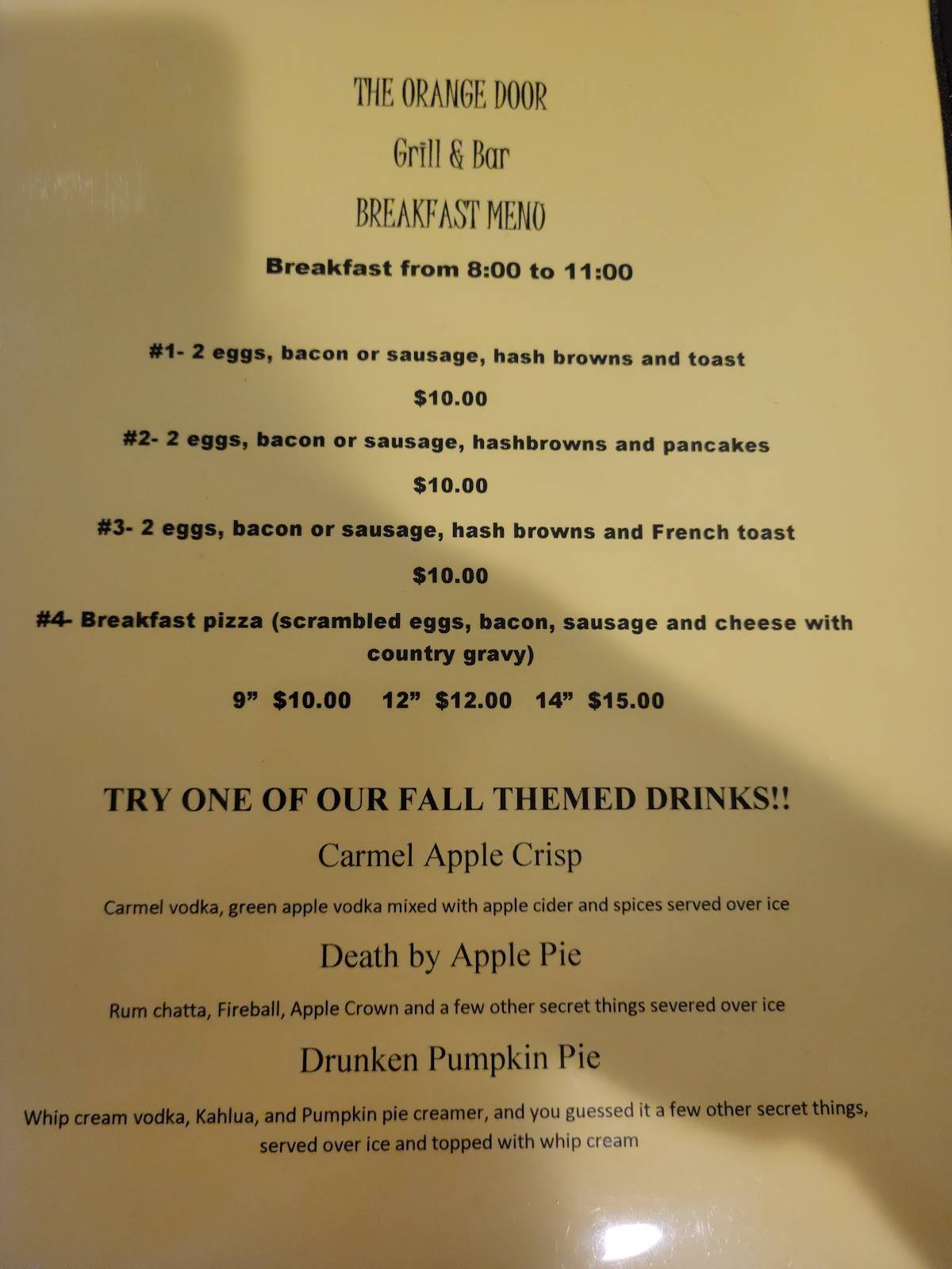 Menu at The Orange Door pub & bar, Minnesota Lake