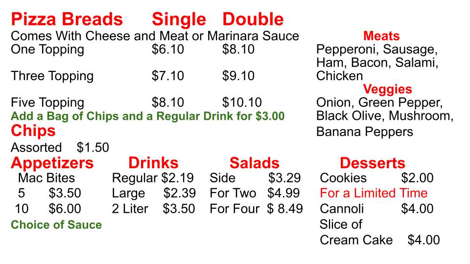 Menu at The Original Spaghetti & Sub House restaurant, Terre Haute