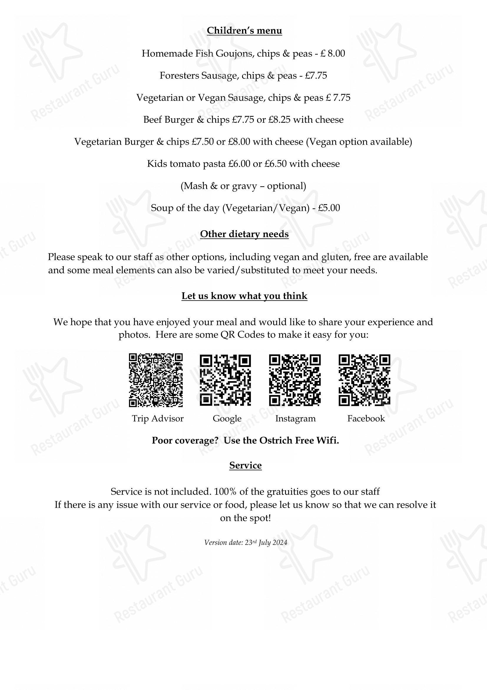 Menu at The Ostrich Inn pub & bar, Newland, The Ostrich Inn