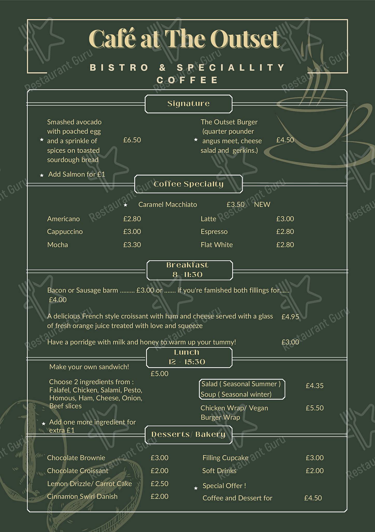 Menu at The Outset cafe, Warrington