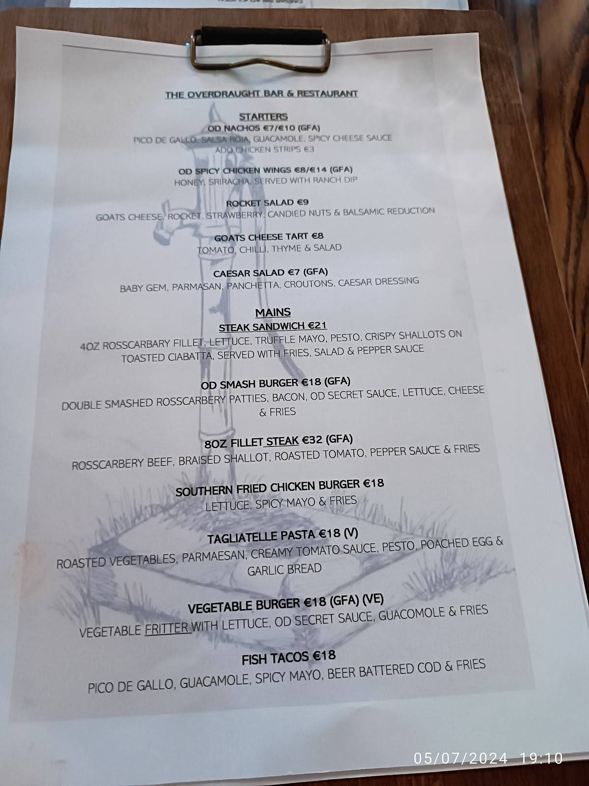 Menu at The Overdraught Restaurant & Pub, Tracton