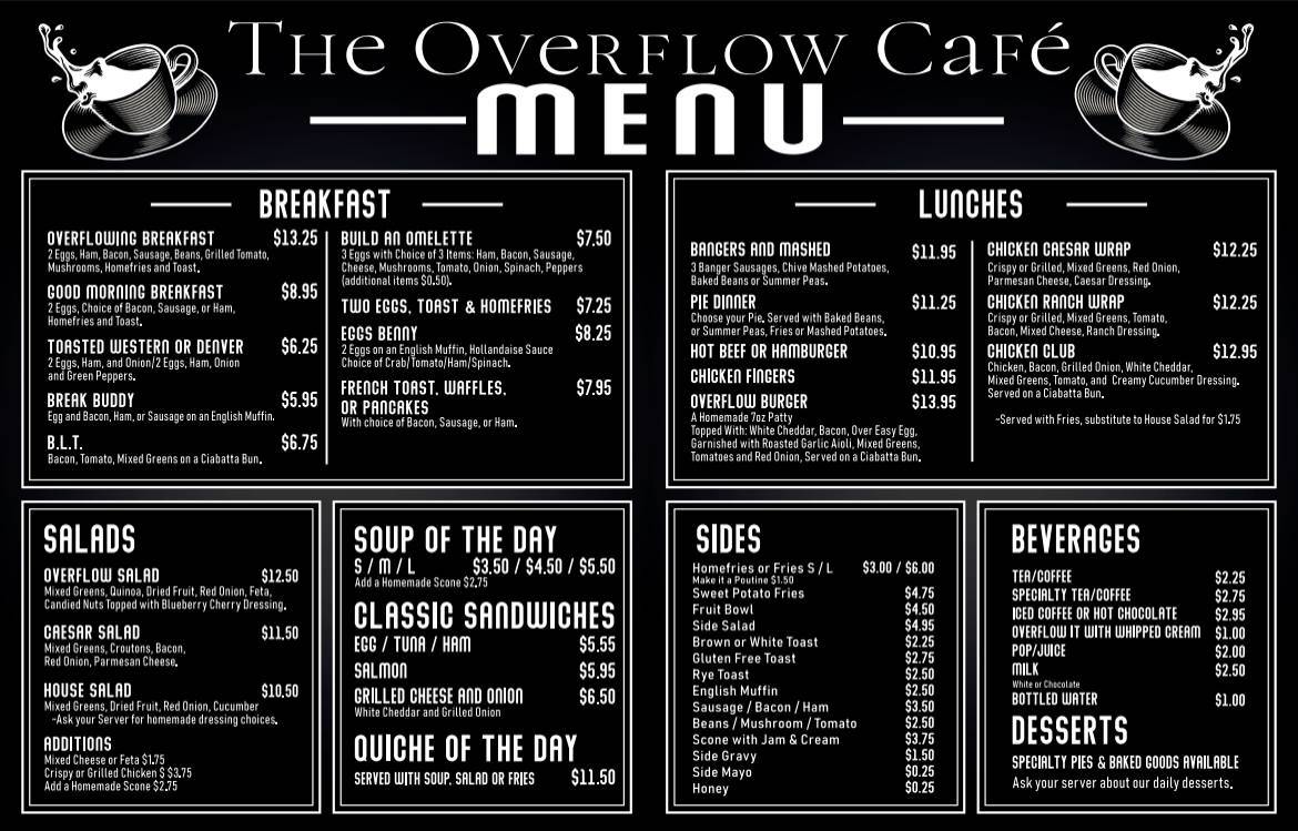 Menu at The Overflow Café, Sarnia