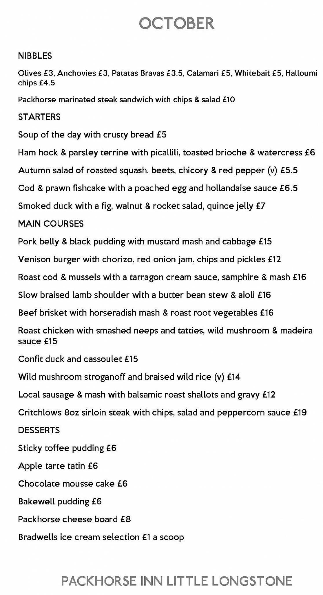 Menu at The Packhorse Inn pub & bar, Little Longstone