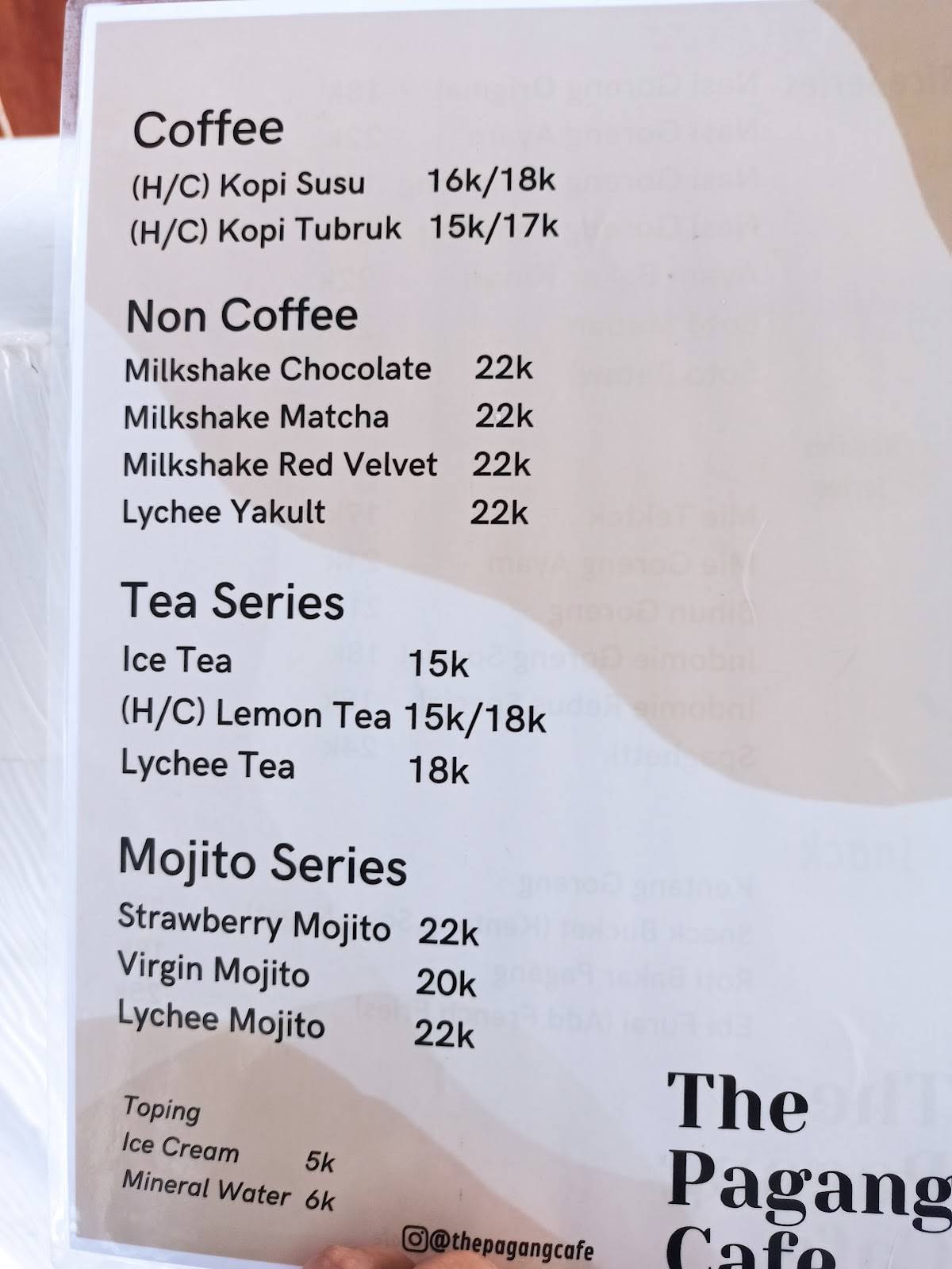 Menu at The Pagang Cafe, Padang