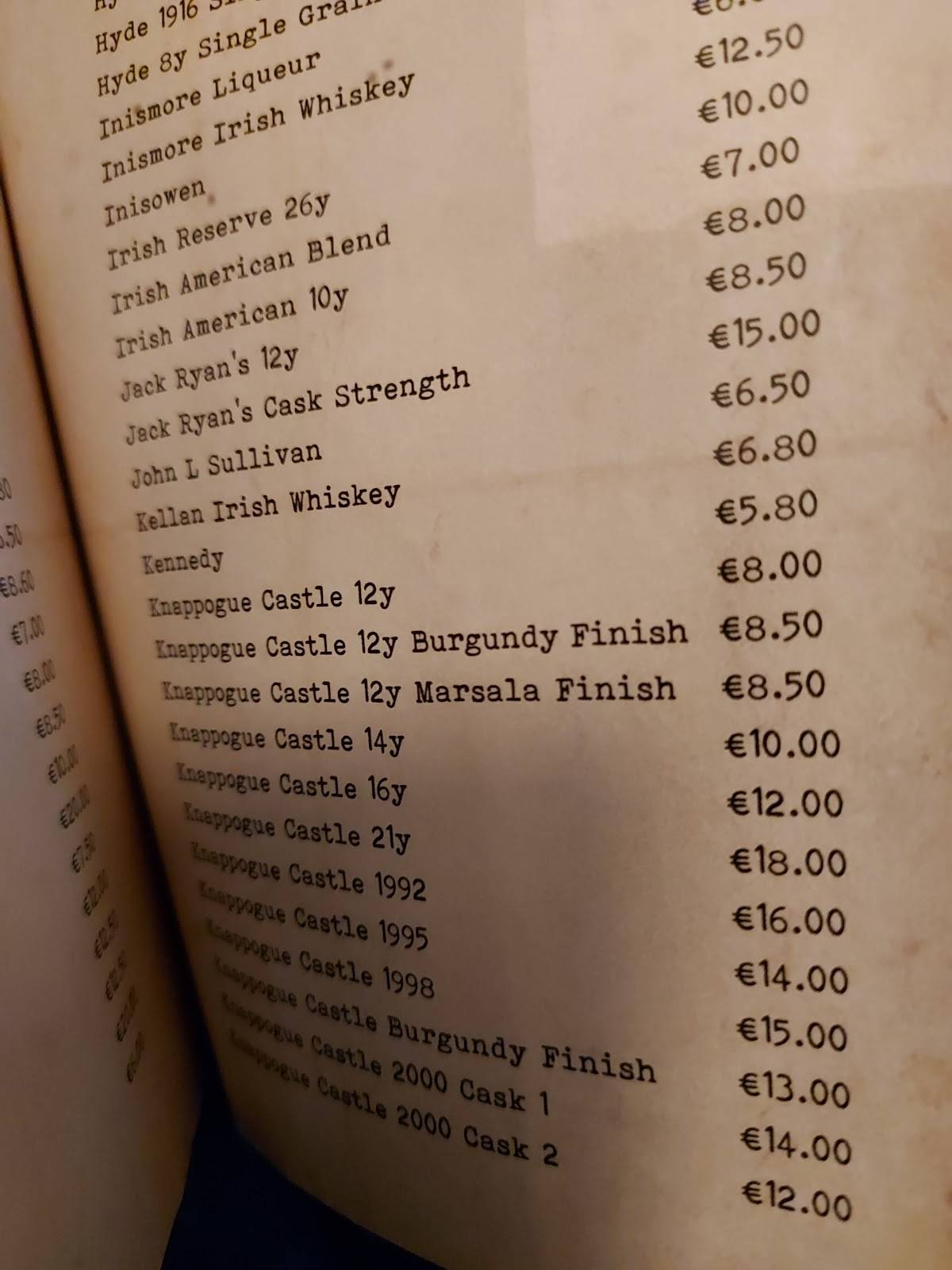 Menu at The Palace Bar, Dublin, 21 Fleet St